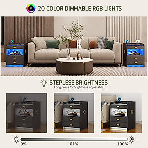 Nightstands with LED Lights, Smart Night Stand with Bluetooth Speakers & Body sensors, Modern Side Tables with Wireless Charging Stations,Black Bedside Table with Drawers (Black)