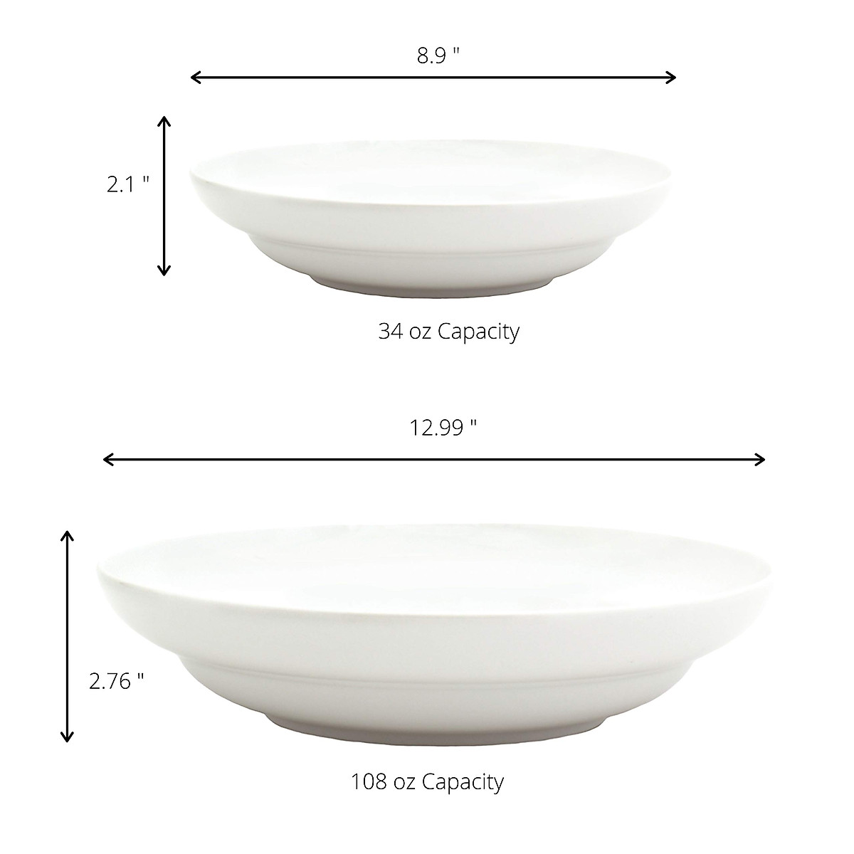 EuroCeramica Essential Bowls Set, 4 Piece 8.9'' Entrée Bowls and 1 Piece 12.99'' Serving Bowl, Classic White