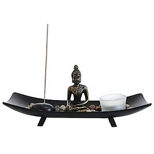 MyGift Zen Meditation Rock Garden Table Kit with Wood Tray, Buddha Statue, Rocks, Glass Tealight Candle and Incense Burner Holder