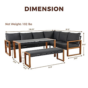 Grand patio 4-Piece Aluminum Patio Furniture Set, L Shaped Outdoor Sectional Couch with Dining Table and Bench, Modern Outdoor Conversation Corner Sofa with Chaise, Faux Wood Grain Finish