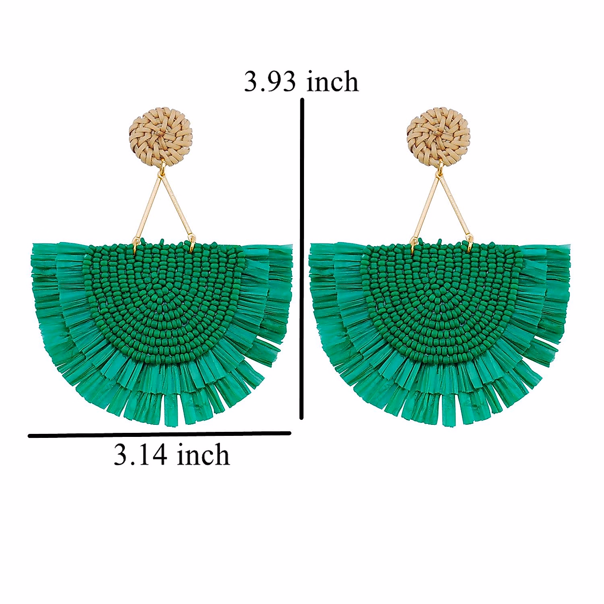 COIRIS Bohemia Beaded Fringe Statement Earrings with Long Dangling Tassel Raffia Earrings for Women(ER1183-Green Big)