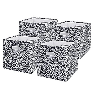 ANMINY 4PCS Storage Cube Set Leopard Print Velvet Fabric Storage Bins Boxes Baskets with Handles PP Plastic Board Foldable Closet Shelf Organizer Container for Home Office - Black White, 11"x 11"x 11"