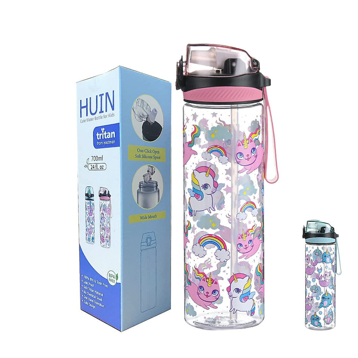 HUIN Cute Water Bottle for Girls Women, Water Bottle with Straw for School Kids, BPA FREE Reusable & Spill Proof & Wide Mouth, 24 oz / 700 ml, Unicorn