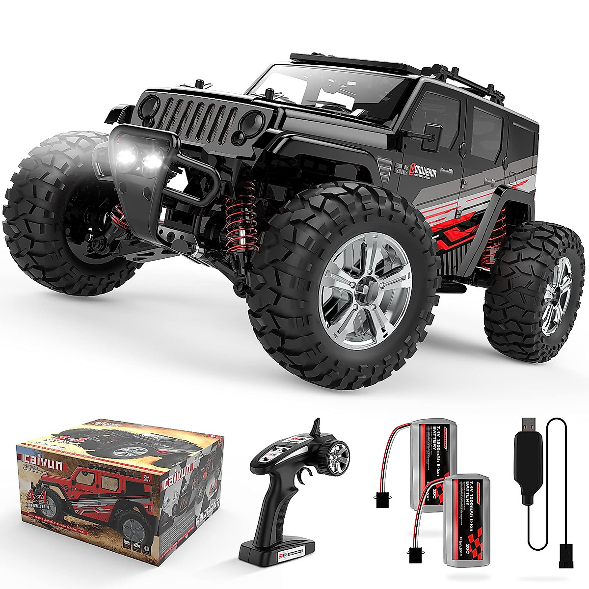 caivun 1:14 Scale Big RC Car, RC Cars 4WD Off Road Hobby Trucks 40+ KM/H High Speed Remote Control Car with Two 1500mAh Batteries, 2.4GHz All Terrain Toy Vehicle Crawler Gift for Adults Teens Boys