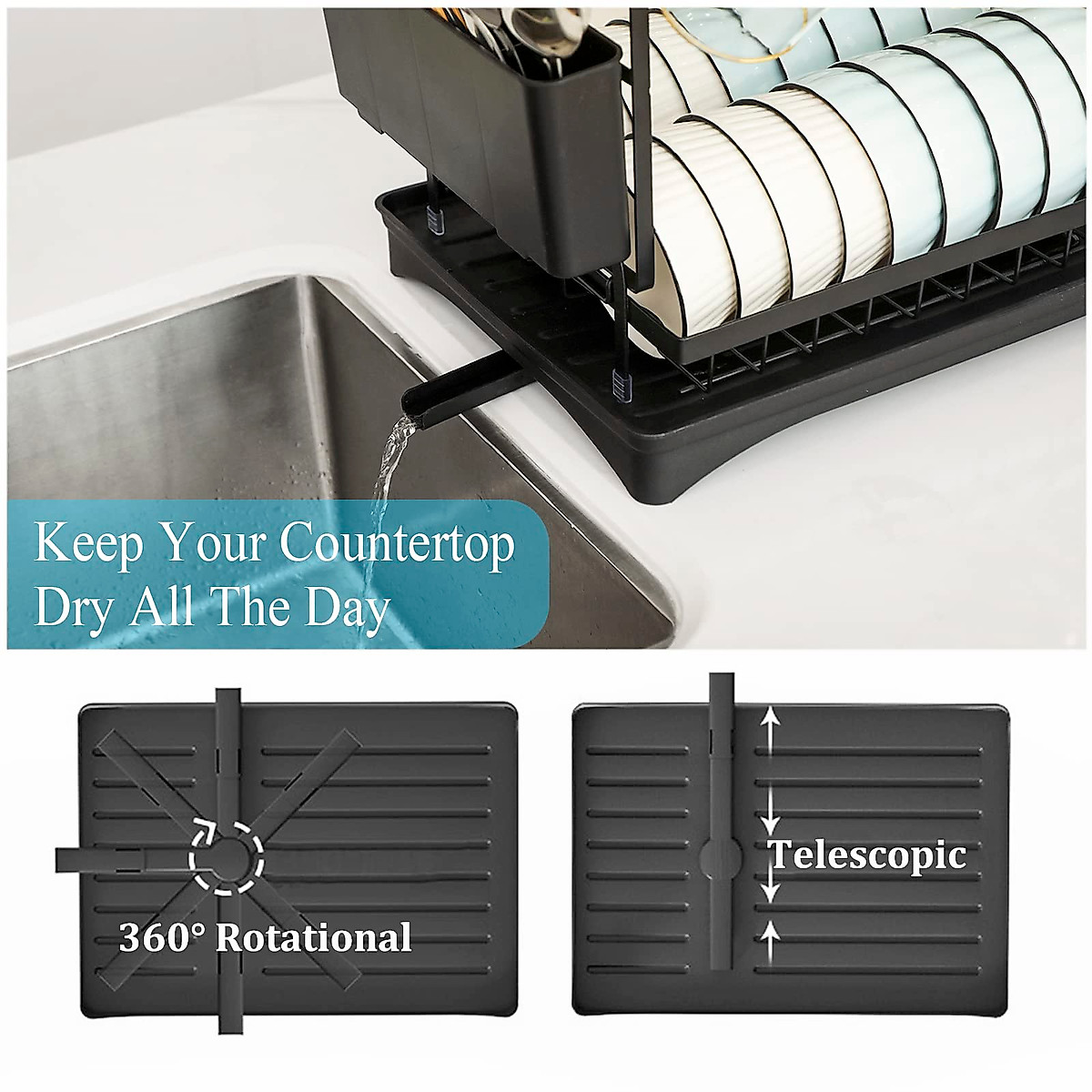 Juya Dish Drying Rack, 2 Tier Dish Racks for Kitchen Counter, Dish Drying Racks with Drainboard, Stainless Steel Kitchen Dish Rack for Tableware, Multifunctional and Easy Installation, Black