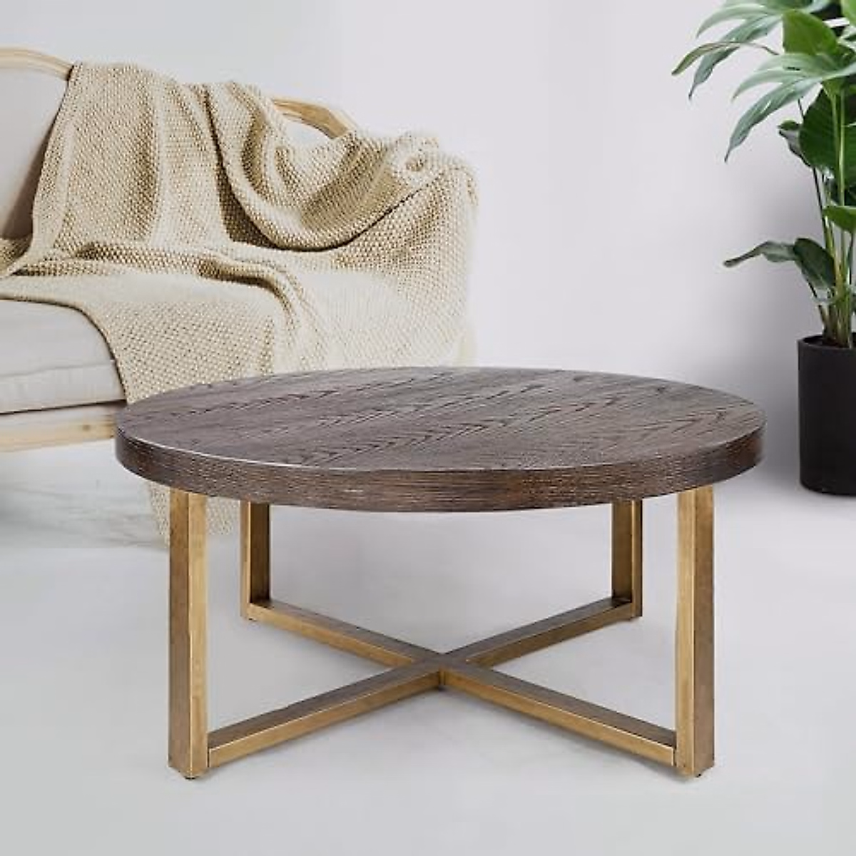 Savonnerie Round Coffee Table, Wood Top and Gold Painting Legs, 36" D x 16" H