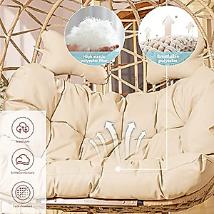 BULEXYARD Outdoor Double Swing Egg Chair with Stand for Bedroom, Indoor 2 Person Hanging Chair Foldable Twins Patio Chair, Large Hand-Woven Wicker Garden Loveseat Hammock Chair w/Cream Thick Cushion