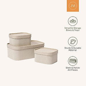 LA JOLIE MUSE Storage Basket Set of 3 with Leather Lids Fluted Cardboard - Light Grey