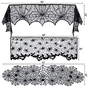 5pack Halloween Decorations Tablecloth Runner Black Lace Round Spider Cobweb Table Cover Fireplace Mantel Scarf Spiderweb Fireplace Scarf Spider Lampshade with 36pcs Scary 3D Bat for Halloween Party