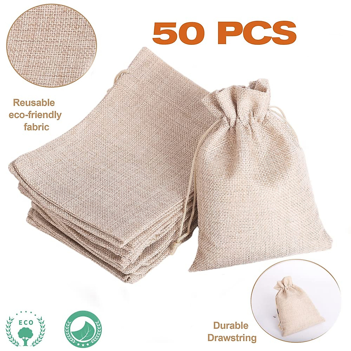 Gudecor 50PCS Heavier Burlap Gift Bag with Drawstring, 5x7 inch Burlap Bags, Reusable Small Gift Drawstring Bags,Natural Linen Sacks Jute Bag for Wedding Favors Party DIY Craft Jewelry Pouch