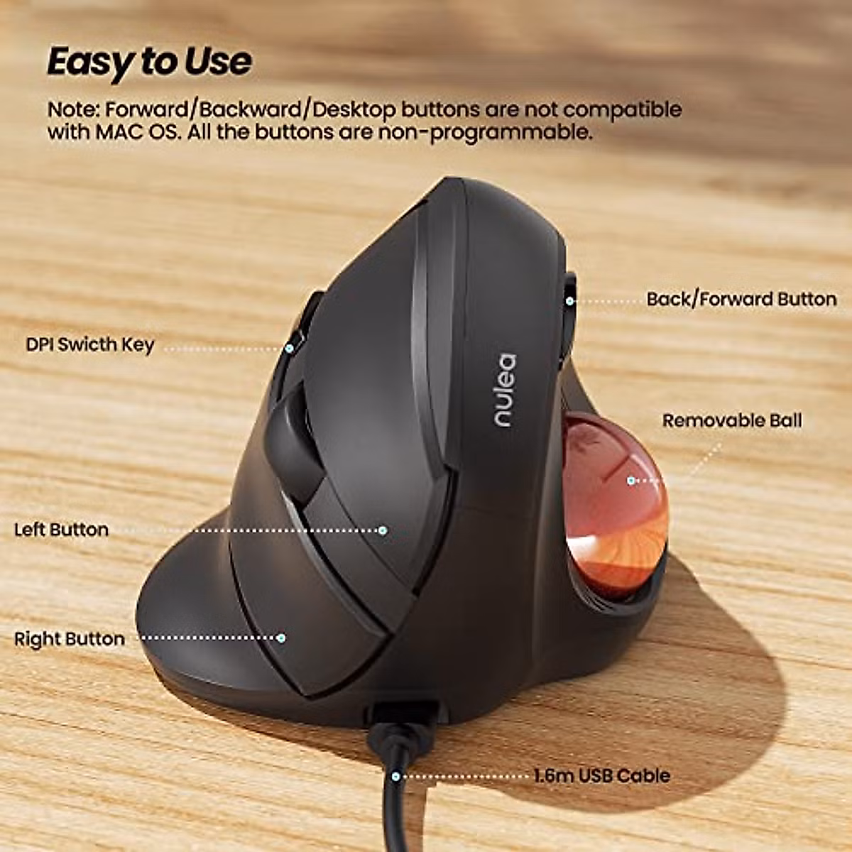 Nulea Wired Trackball Mouse for Large Hand, Vertical Ergonomic Mouse with Trackball, Easy Thumb Control with 5 Adjustable DPI, Precise & Smooth Tracking, Compatible for PC, Laptop, Mac, Windows