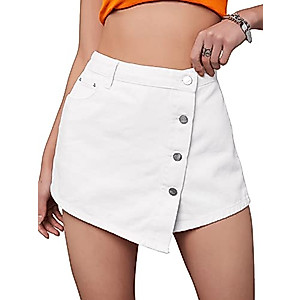 SweatyRocks Women's Casual High Rise Button Front Wrap Denim Skort Skirt with Pocket White 30