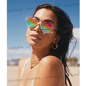 Polarized Heart Shaped Sunglasses for Women Metal Frame Cute Lovely Glasses 100% UV Protection (Gold/Rainbow Mirror)