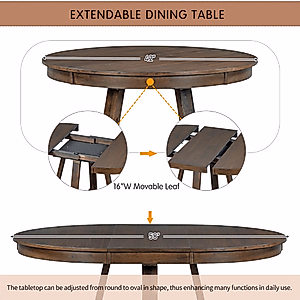 Merax Wood Extendable Round Kitchen Table and Chairs Set for 4-6 Persons Farmhouse Round Dining Table Set for Small Space, WalnutWash