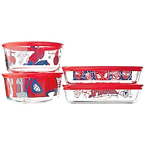 Pyrex 8-Pc Glass Food Storage Container Set, Includes (2) 4-Cup Round Glass Containers, (2) 3-Cup Rectangle Glass Containers, Meal Prep Containers with Lid, Disney's Marvel's Spider-Man