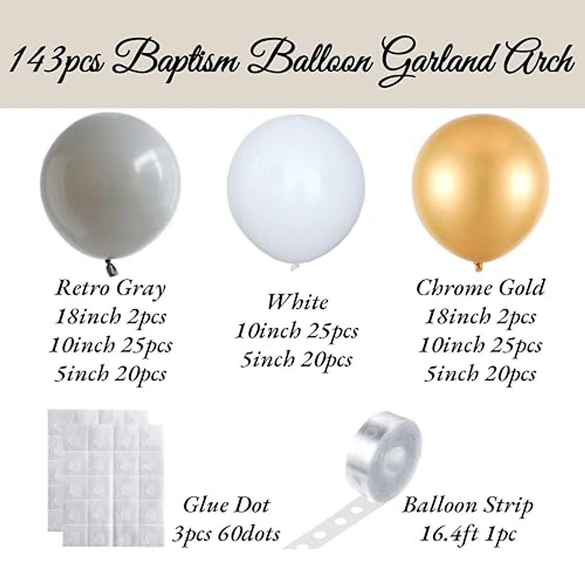 Retro Gray Gold Baptism Balloon Garland, 143pcs Fog Gray White Chrome Gold Balloons for Baptism Boho Birthday Baby Shower Party Decorations Bridal Shower Wedding Party Supplies (Retro Gray)