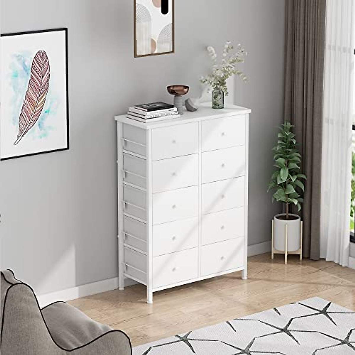 KAI-ROAD Tall White Dresser for Bedroom with 10 Drawer Dressers & Chests of Drawers Fabric Dresser Storage Tower for Closet Kids and Adult Modern