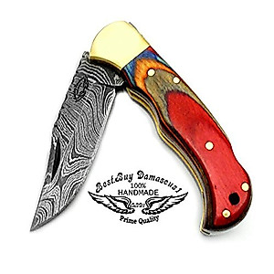 Multi Wood Unique Beautiful 6.5'' Custom Handmade Damascus Steel Brass Bolster Back Lock Folding Pocket Knife Sharpening Rod 100% Prime Quality Plus Beautiful Blue Wood Stainless Steel Pocket Knive