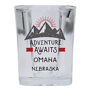 R and R Imports Omaha Nebraska Souvenir 2 Ounce Square Base Liquor Shot Glass Adventure Awaits Design