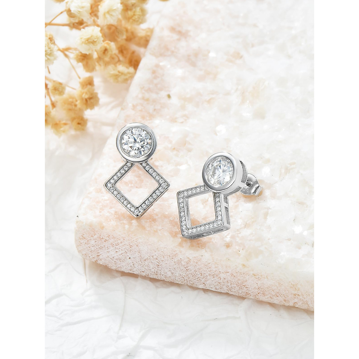 WTYIM 2CT Moissanite Diamond Geometric Stud Earrings for Women, 18K White Gold Plated Silver Square Push Back Earrings Birthday Valentine's Day Christmas Jewelry Gifts for Her Wife Girlfriend