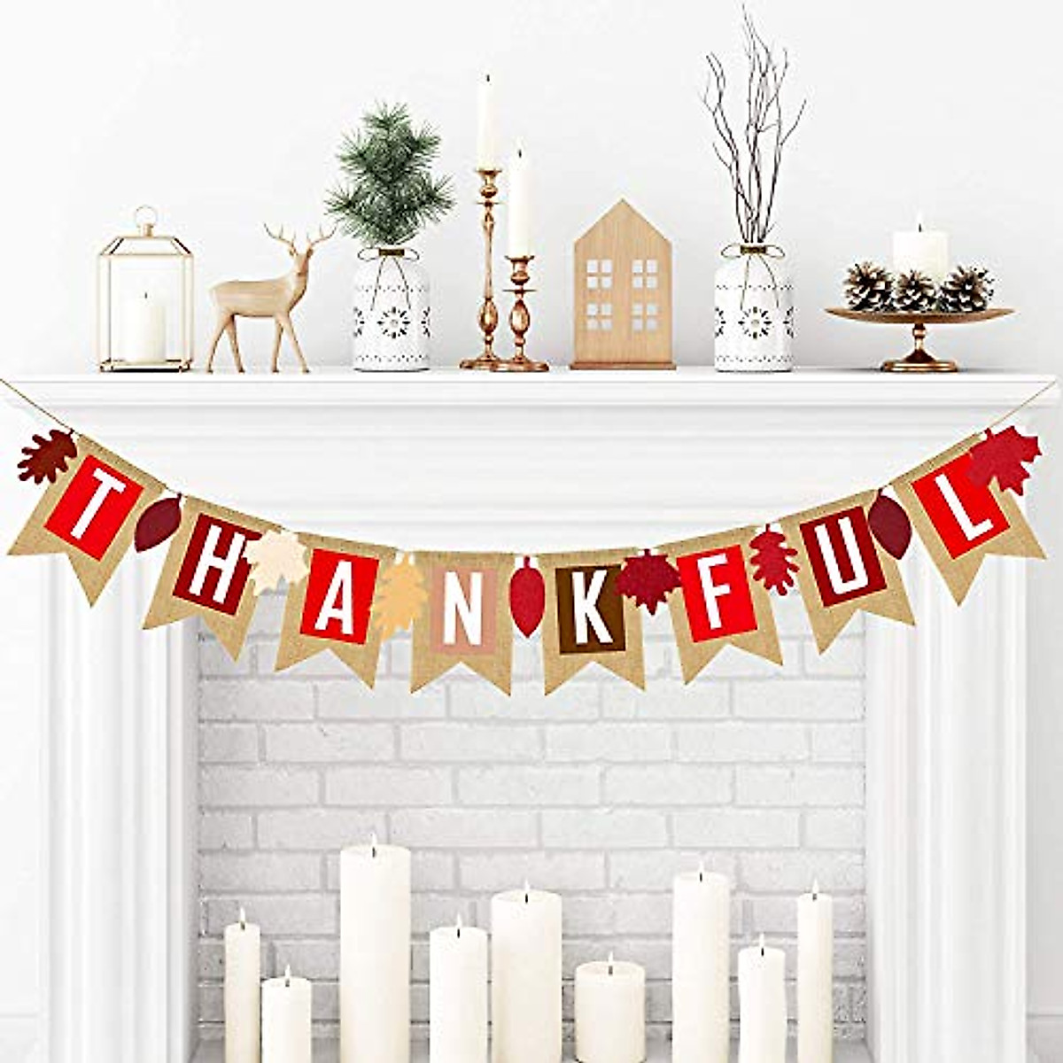 Adurself Thankful Burlap Banner Fall Autumn Maple Leaves Rustic Burlap Harvest Banner Mantel Fireplace Wall Hanging for Home Office School Party Decor Thanksgiving Decoration