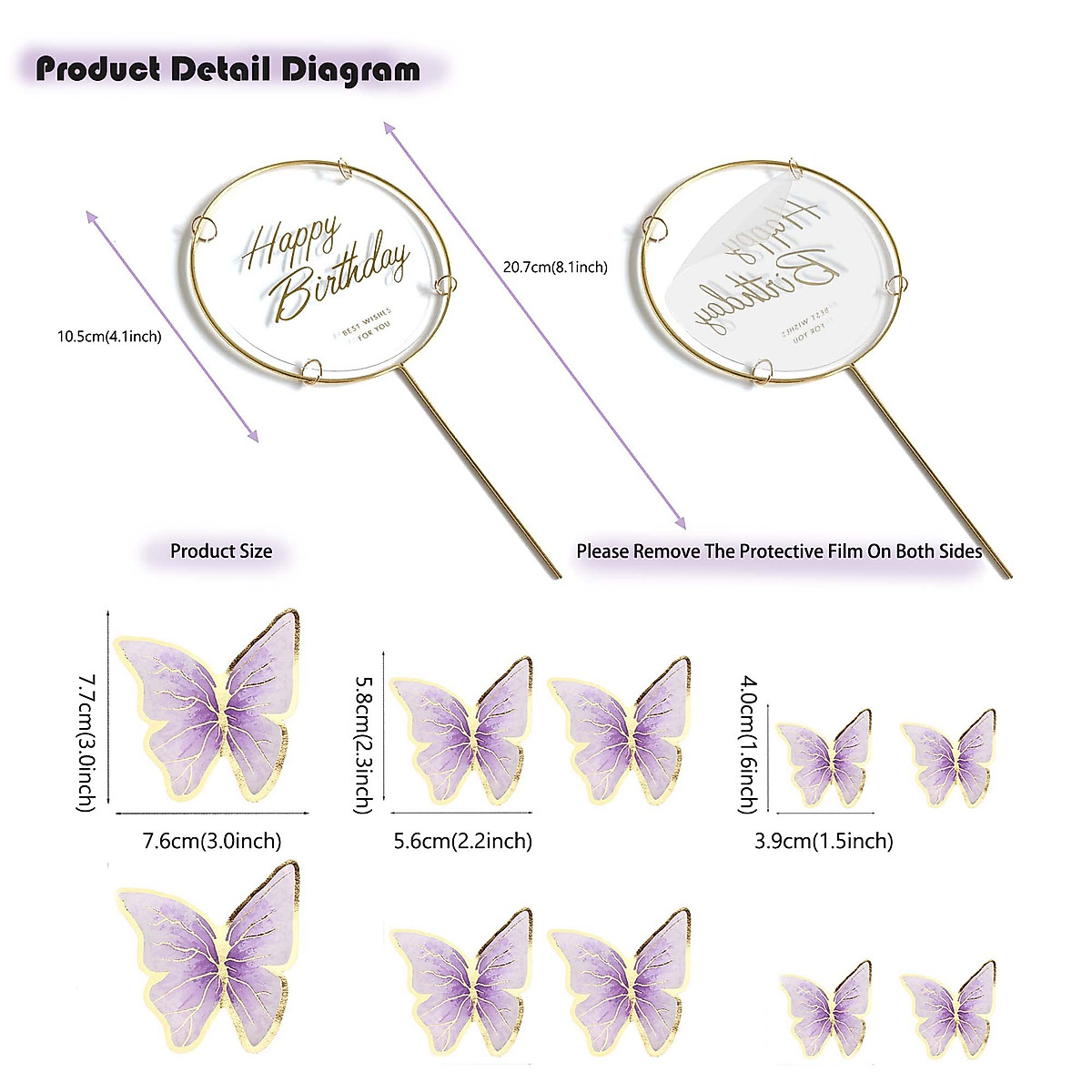 10-Pieces Purple Gold Butterfly Cake Toppers Happy Birthday 1-Metal Gold Birthday Cake Butterfly Party Decorations