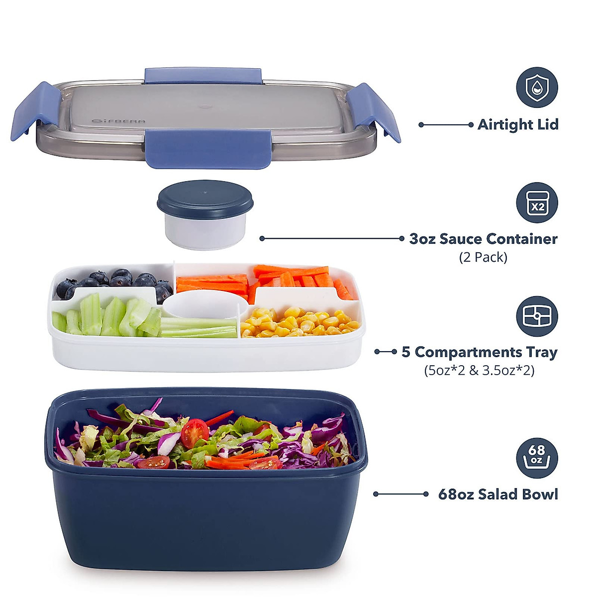 Caperci 2 Pack Large Salad Container for Lunch - 68 oz Salad Bowls To Go, Leakproof Bento Box Adult with 5 Compartments Tray, 4pcs 3-oz Sauce Cups, Reusable Spork & BPA-Free (Navy & Pink)