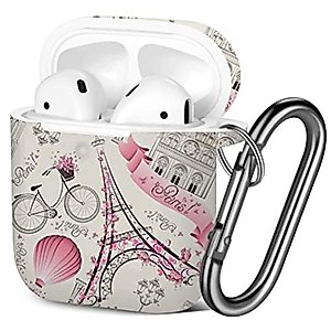 [ Compatible with AirPods 2 and 1 ] Shockproof Soft TPU Gel Case Cover with Keychain Carabiner for Apple AirPods (Paris Symbols Romantic)