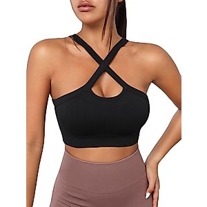 COZYEASE Women's Criss Cross Ribbed Knit Sports Bra Seamless Crop Top Yoga Bras Black S