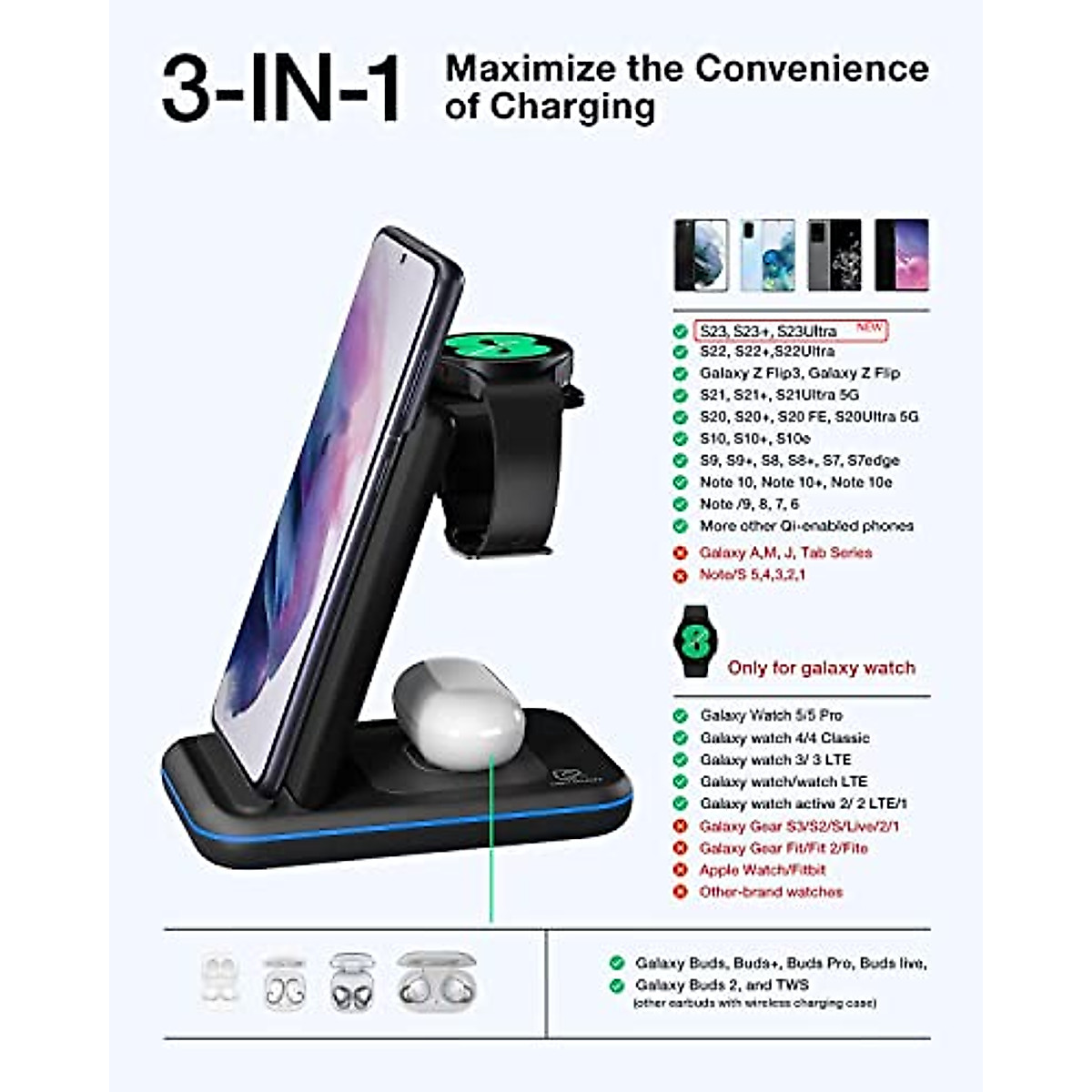 Wireless Charging Station for Samsung Galaxy Phone/Watch/Buds, 3 in 1 Foldable Charging Stand for Samsung S23 Ultra/S22/S21/S20/Note20/10/Galaxy Watch5/4/3/Classic/Active Buds+/Live with 18W Adapter
