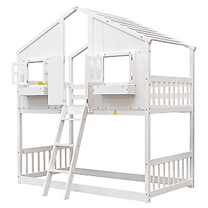 Harper & Bright Designs House Bunk Bed Twin Over Twin Kids Bunk Bed Wood Frame with Roof, Window, Window Box, Door, Safety Guardrails and Ladder, for Girls Boys (Twin Size, White)