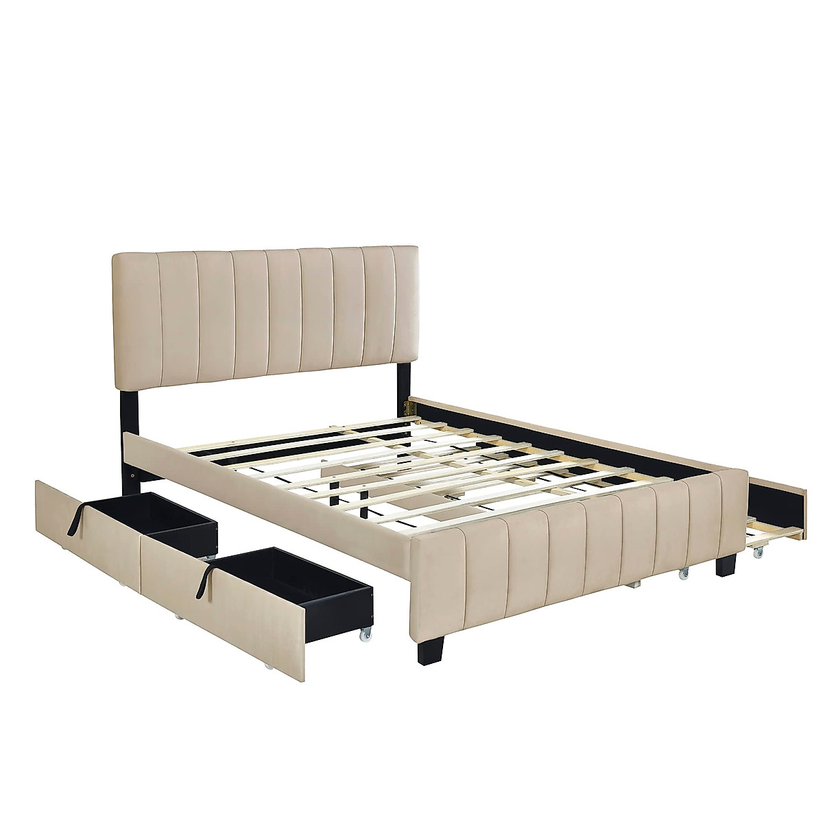 MERITLINE Velvet Queen Size Platform Bed with 2 Drawers and 1 Twin XL Trundle, Upholstered Queen Bed Frame with Storage and Headboard for Bedroom, No Box Spring Needed (Beige)