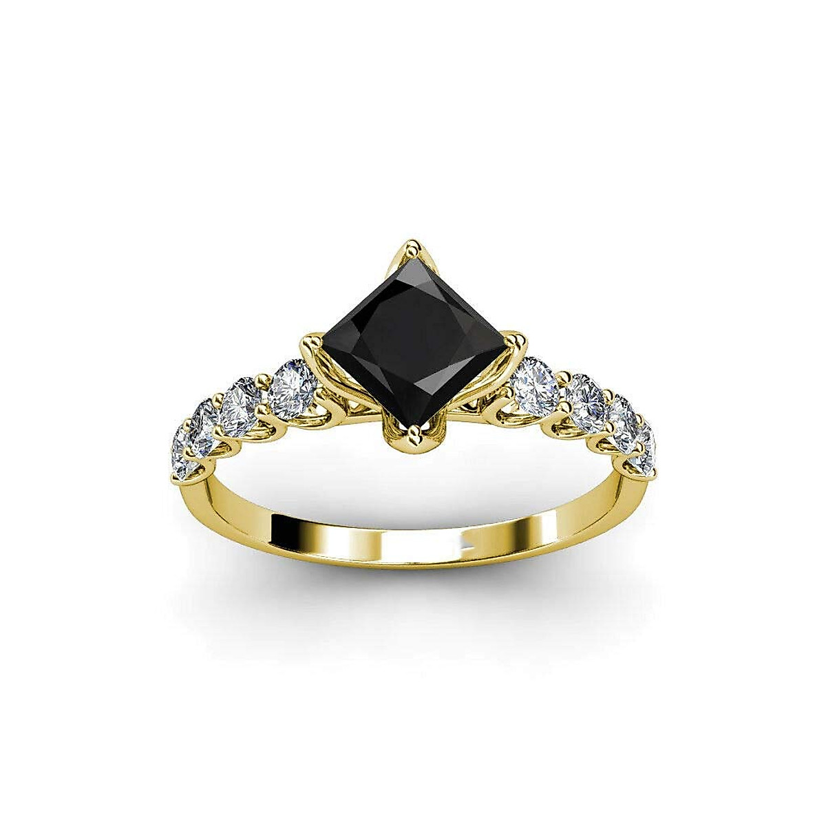 Princess Cut & Round Cut Black Diamond & Cubic Zirconia 14k Yellow Gold Platted 925 Sterling Silver Engagement Ring for Women (5.5)