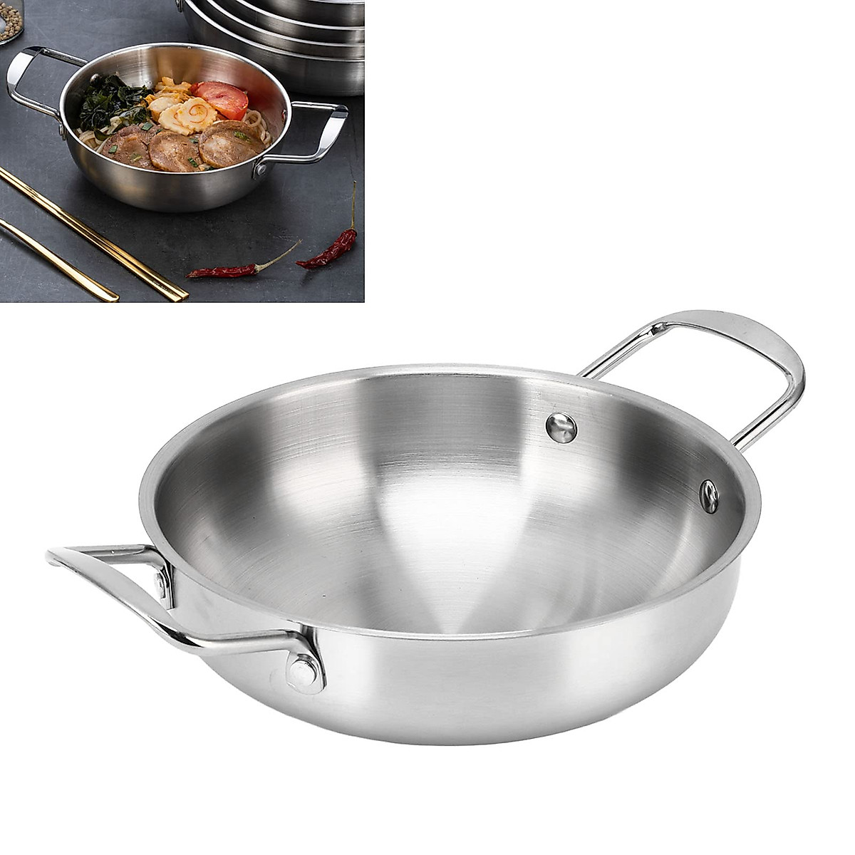 Ramen Pot, Binaural Korean Ramen Pot, Heating Evenly Noodle Pot, Stainless Steel Noodle Pot, Silver Ramen Cooker, Reusable Ramen Pot for Spaghetti Soup Porridge Noodle Seafood(22cm)