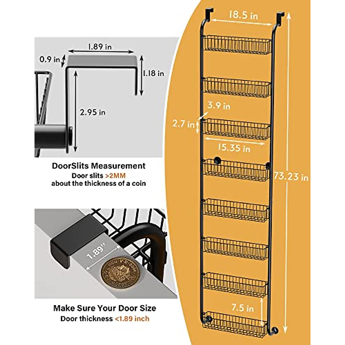 TIMEBAL 8 Tier Over the Door Pantry Organizer, Over the Door Organizer and Storage Rack with 8 Full Baskets, Metal Hanging & Wall Mounted Kitchen Storage Spice Rack, Bathroom Over Door Organizer-Black