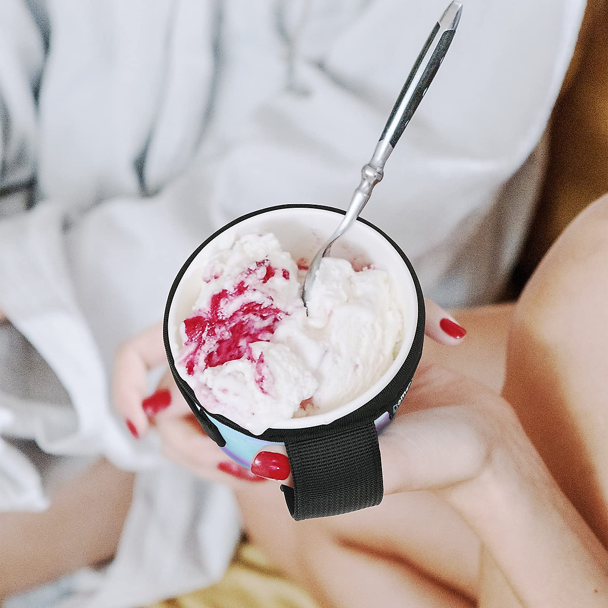 Ice Cream Sleeve Pint Sized Cooler Cover Neoprene Insulator, Hard Bottom Ice Cream Pint Holder w/Handle & Spoon Pocket, Machine Washable & Leak Proof Cup Cover for Yogurt Frozen Desserts (Print Sky)