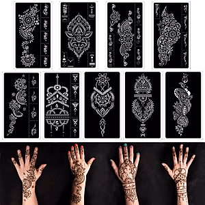 Henna tattoo stencils kit,Reusable henna stencils for Hand Forearm Glitter Airbrush Diy Tattooing Template, Indian Temporary Tattoo Stickers for Women Girls（8.2" x 4.7"）