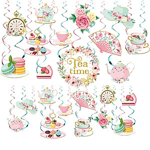 53 Pcs Tea Party Decoration Floral Tea Time Swirls Decoration Spring Vintage Teapot Party Hanging Swirls Talking Party Ceiling Supplies for Tea Party Baby Shower Princess Birthday Party Wedding Favors