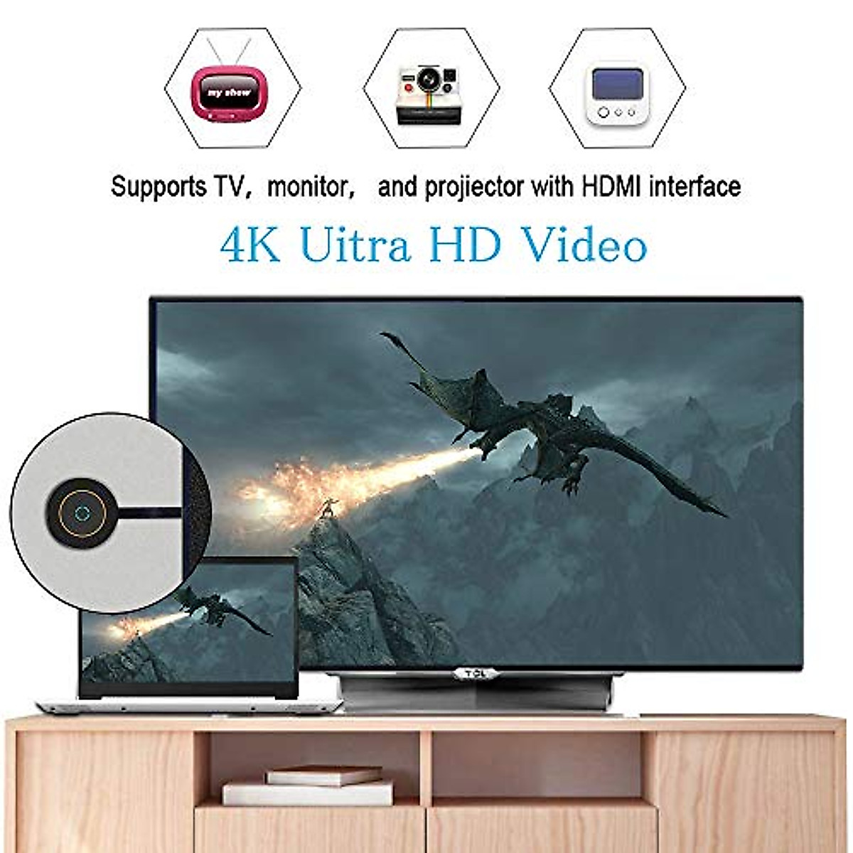 Wireless Display Dongle, 4K WiFi Portable Display Receiver 1080P HDMI Screen Mirroring Compatible with iPhone Mac iOS Android to TV Projector Support Miracast Airplay DLNA No Switching