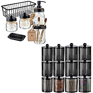 Black Premium Mason Jar Bathroom Accessories Set-Rustic Farmhouse Decor(6PCS)&12 Pack Qtip Dispenser Apothecary Jars Bathroom Set with Labels(15oz & 12oz)