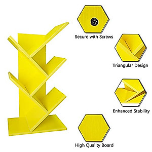 QUMENEY Tree Bookshelf, 5 Shelf Display Bookcase,Tree Bookcase for Books/CDs/Albums/Files Holder, Free Standing Book Shelves Organizer for Office，Bedroom, Living Room (Yellow)