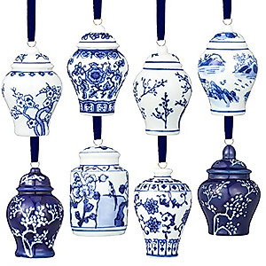 8 Pcs Christmas Mini Ginger Jar Ornaments Chinoiserie Porcelain Hanging Ornaments Ceramic Christmas Ornaments Blue and White Christmas Tree Decorations Christmas Hanging Pendant (Vintage Style)