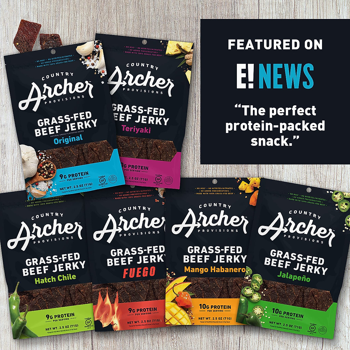 Beef and Turkey Jerky Variety Pack by Country Archer, 6 Flavors, 100% Grass Fed, 100% Natural, High Protein Snacks, 2.5 Ounces, 6 Pack (Packaging May Vary)