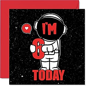 6th Birthday Card Unisex - Space Astronaut - Happy Birthday Card 6 Year Old Son Daughter Brother Sister Grandson Granddaughter Niece Nephew Cousin, 5.7 x 5.7 Inch Sixth Bday Greeting Card