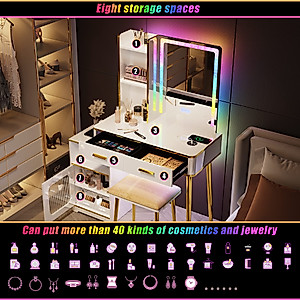 FREDEES Lighted Vanity Mirror Set with Touch Screen, Drawers, and Stool - White