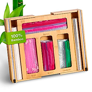 LOSKEE Ziplock Bag Organizer and Plastic Wrap Dispenser with Cutter, 6 IN 1 Expandable Bamboo Foil and Plastic Wrap Organizer for Kitchen Drawer, Ziplock Bag Storage Organizer for Gallon, Quart, Sandwich, and Snack Bags