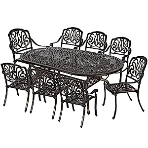 MEETWARM 9-Piece Outdoor Patio Dining Set, 8 Outdoor Dining Chairs and 1 Oval Table with 2" Umbrella Hole, All Weather Cast Aluminum Patio Funiture Set for Backyard, Patio, Garden