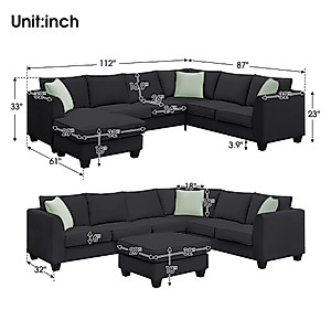 POCIYIHOME 11287" Sectional Ottoman, Convertible L Shape Fabric Corner Couch Set with 3 Pillows, 7 Seats Modular Sofa Chaise for Living Room,Office,Apartment, Polyester, Black