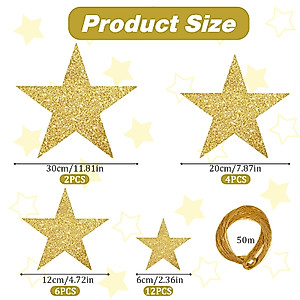 24pcs Gold Cardboard Stars Shining Cutouts Paper Stars Glitter Hanging Stars Decorations Confetti Cutouts Star Wall Decor 6/12/20/30cm & 50m Hanging Line for Valentine's Day Movie Night Party Decor