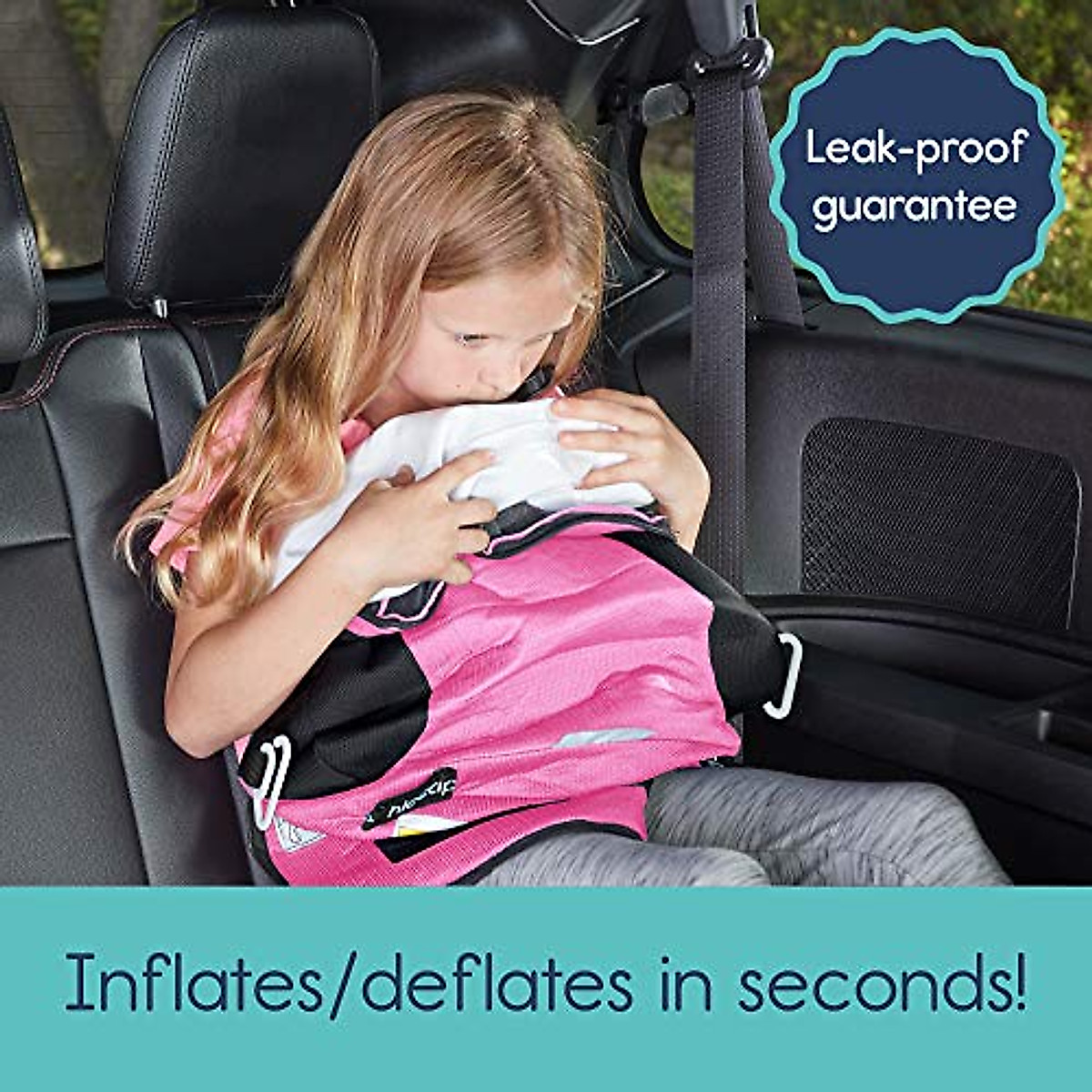 hiccapop UberBoost Inflatable Booster Car Seat | Blow up Narrow Backless Booster Car Seat for Travel | Portable Booster Seat for Toddlers, Kids, Child | Pink/Black